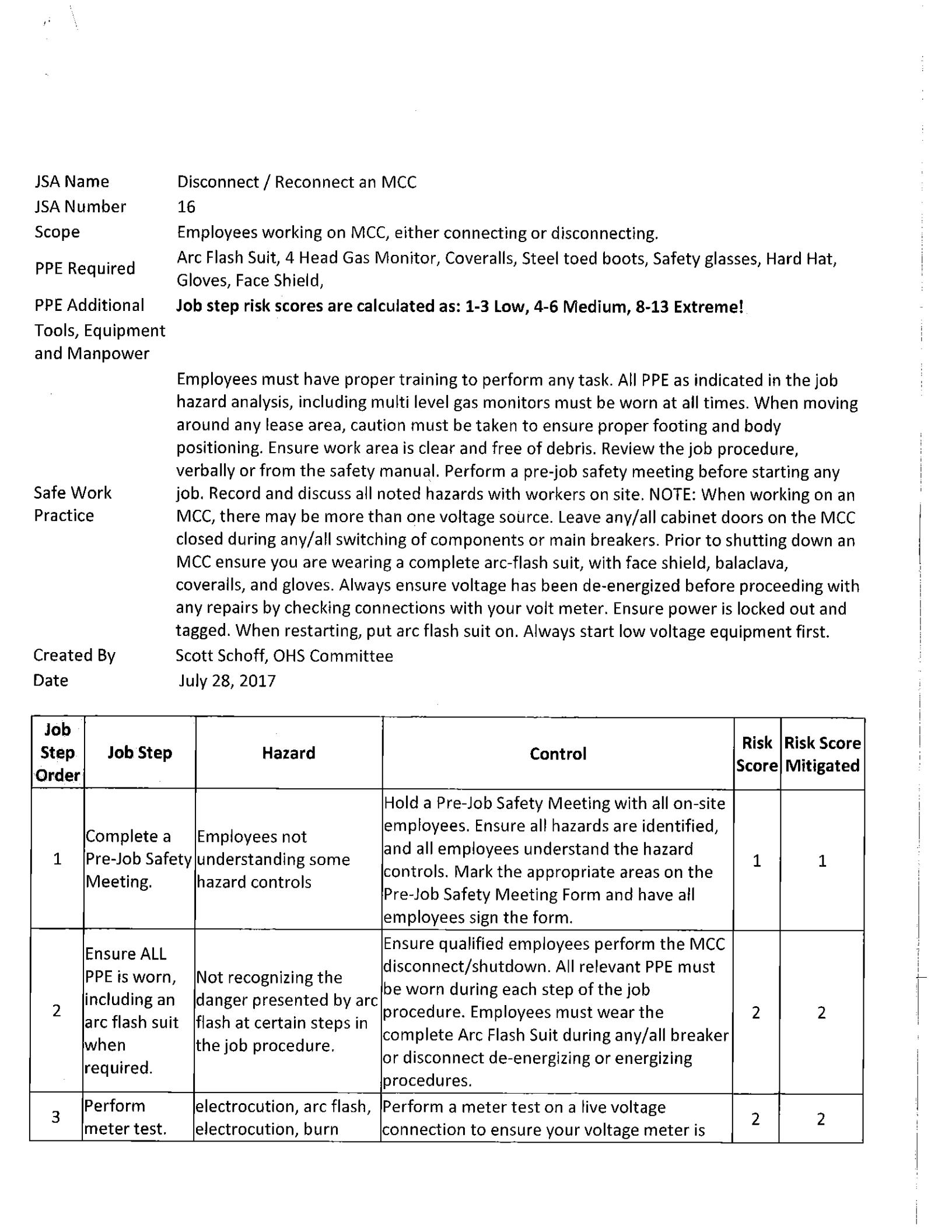 Safe Work Procedures > 16 - Disconnect / Reconnect MCC